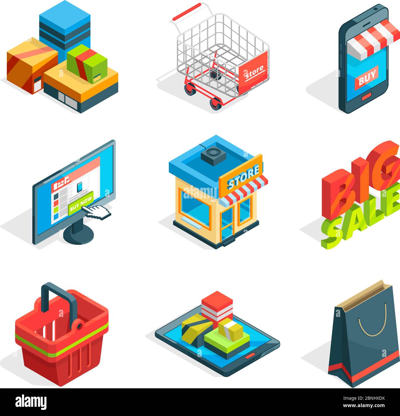 Isometric icon set of online shopping. Symbols of ecommerce. Buying in ...