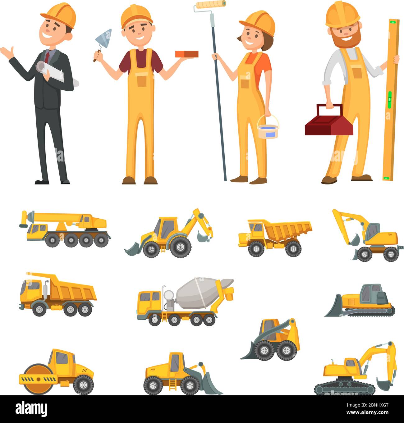 Male and female characters of builders and different illustrations of ...