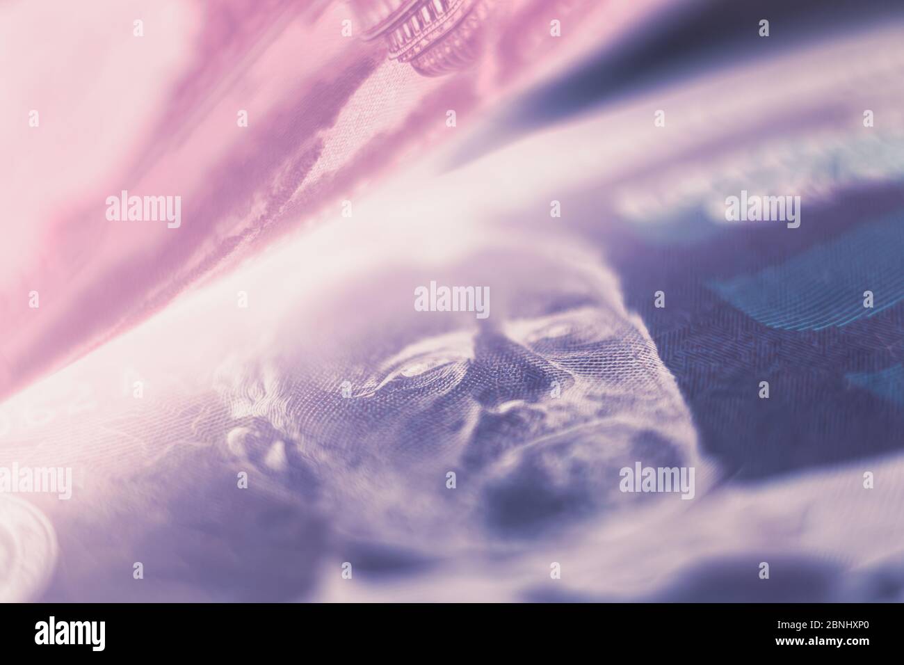 Close up American, US Dollars Cash Money in neon light. Minimalism ...