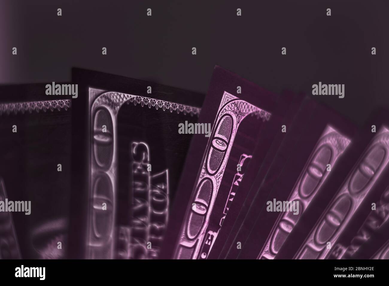 Close up American, US Dollars Cash Money in neon light. Minimalism ...