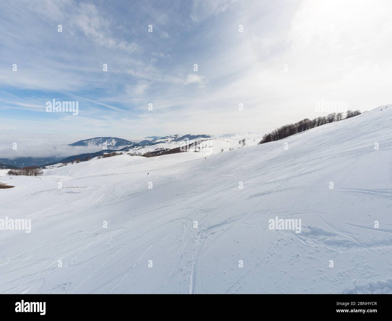 Landscape with snow on the slopes of a ski resort in Metsovo, Greece ...
