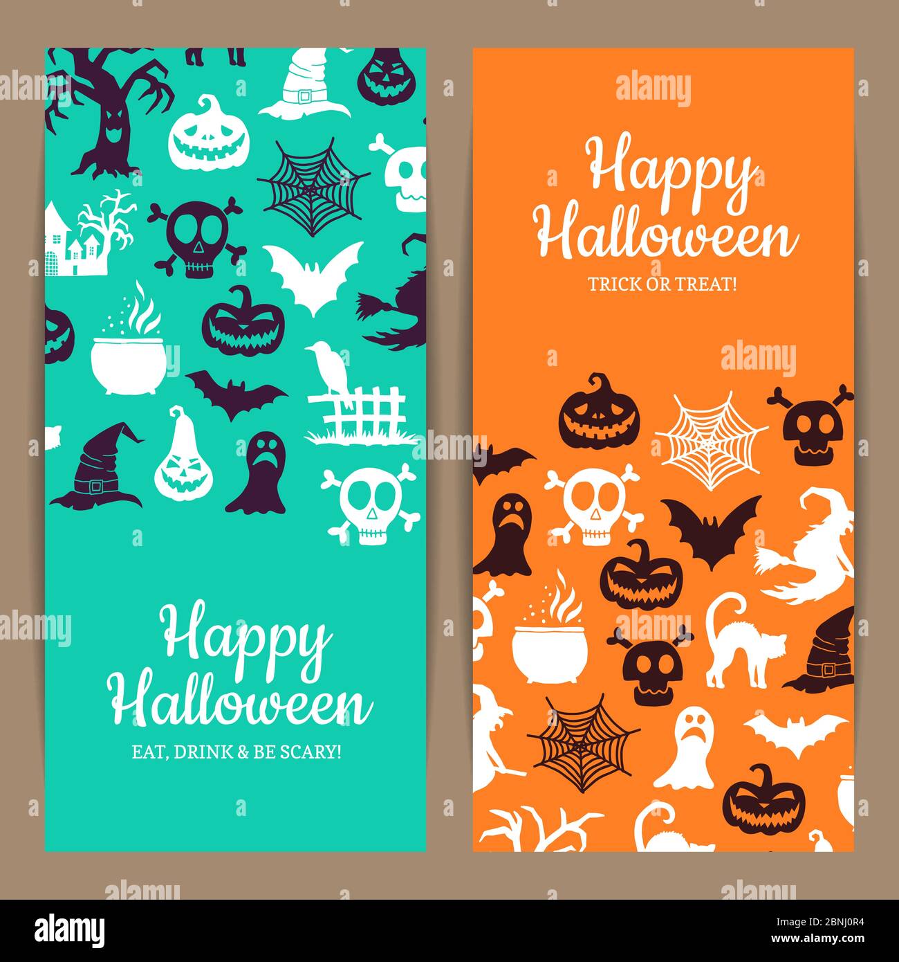Vector halloween thin card or flyer templates with witches, pumpkins ...