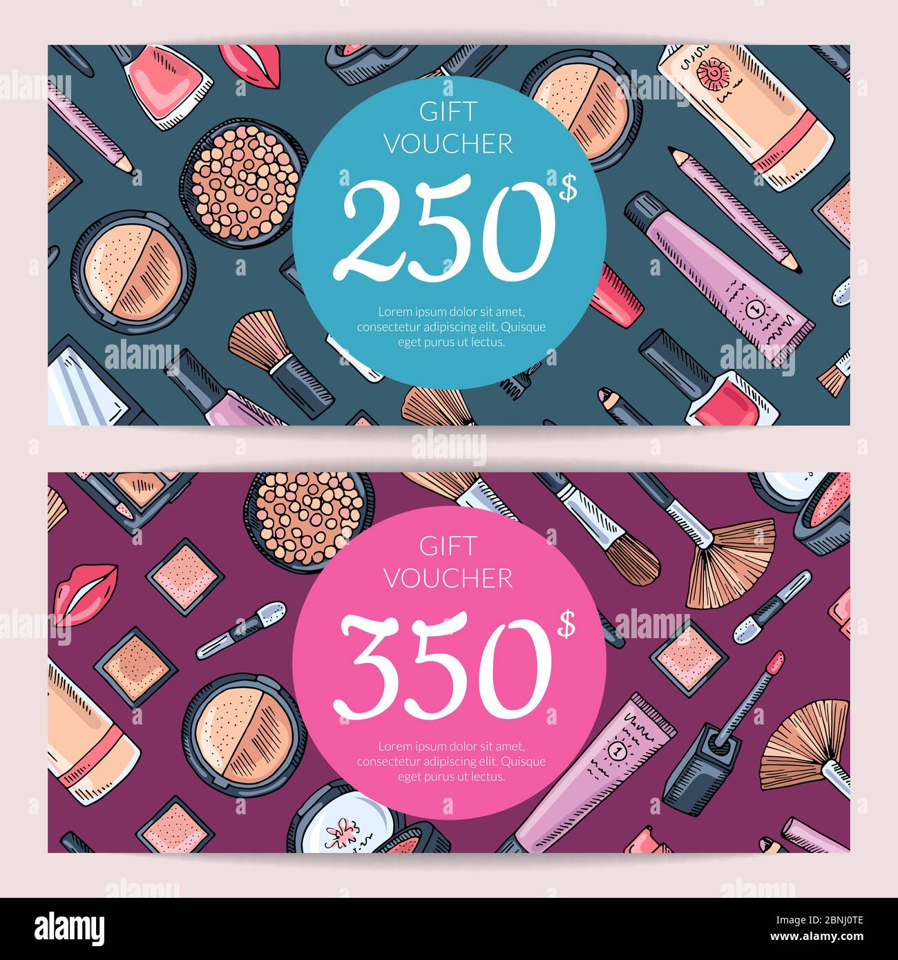 Vector gift card vouchers for beauty products with hand drawn makeup ...
