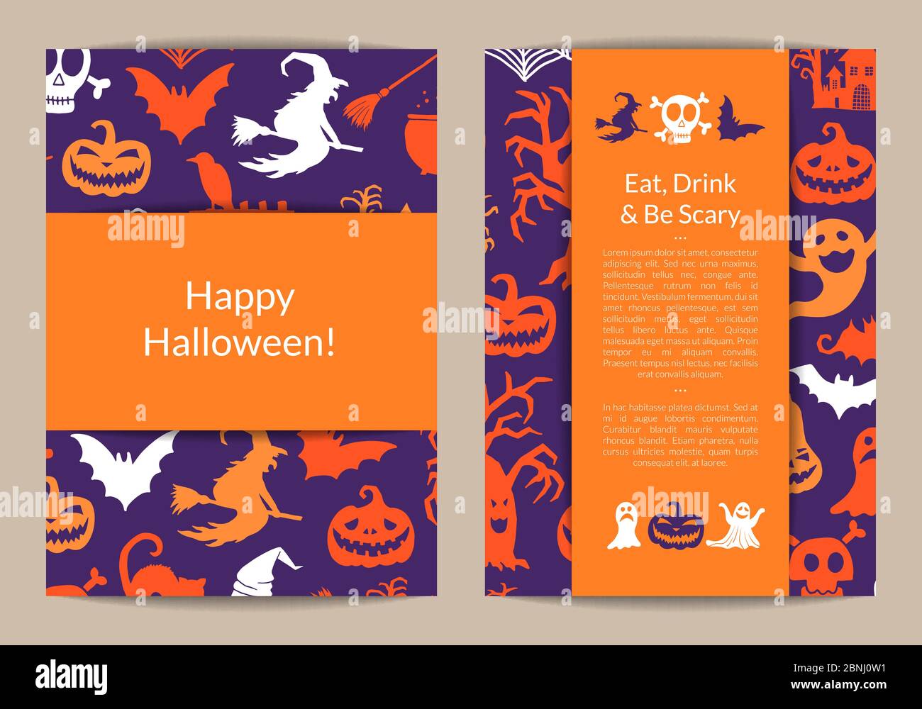 Vector halloween card templates with witches, pumpkins, ghosts, spiders ...