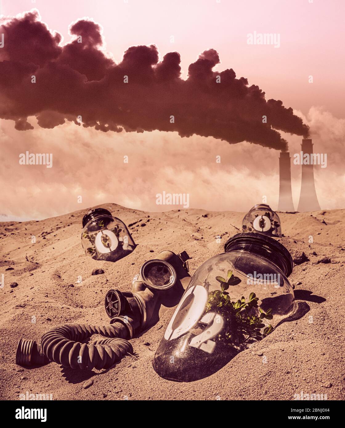 Weird jar with plant and mask as air pollution symbol Stock Photo - Alamy