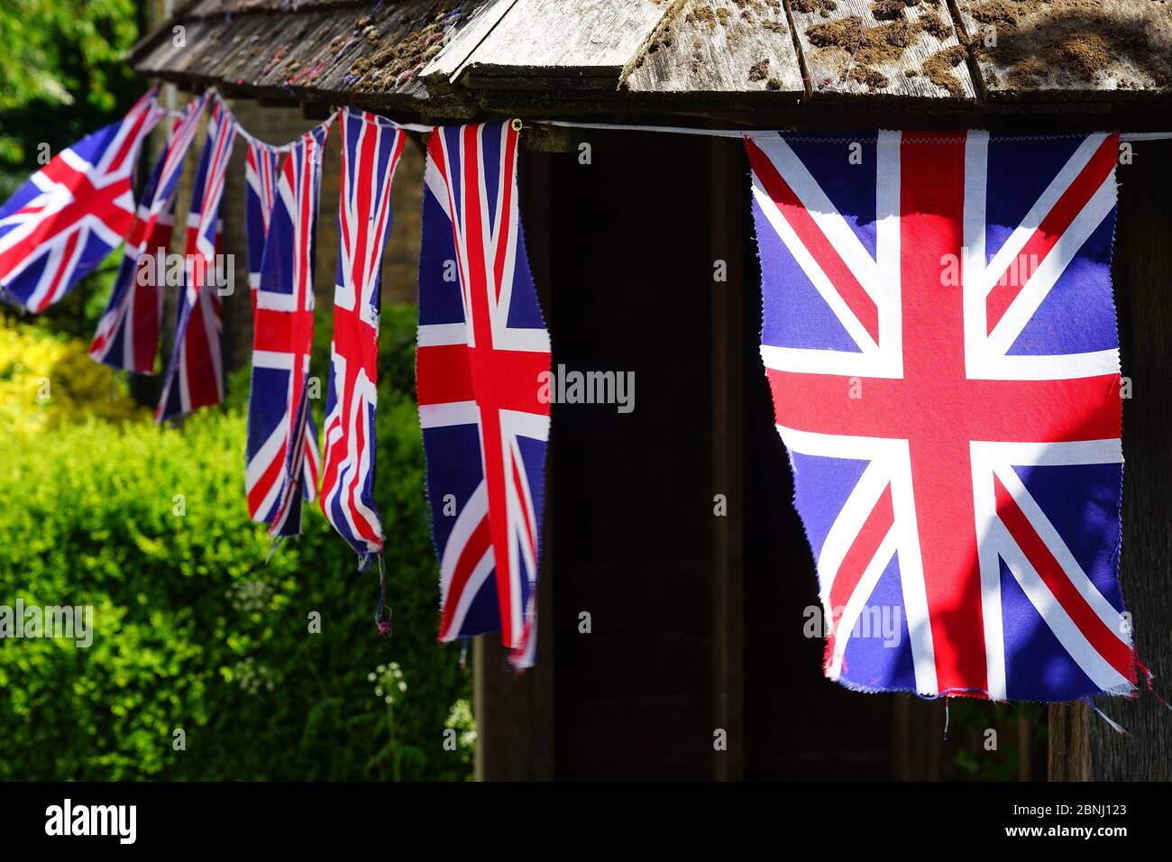 Union Jack bunting in celebration of the 75th anniversary of VE day at ...