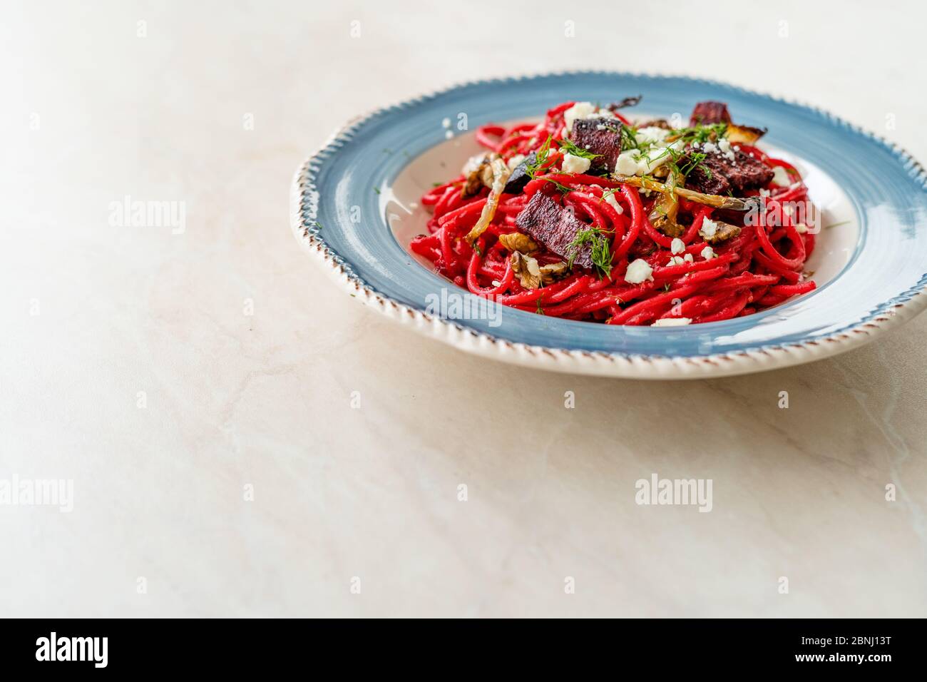 Beet Spaghetti Pasta with Beetroot Slices, Feta Cheese, Walnut and Dill ...