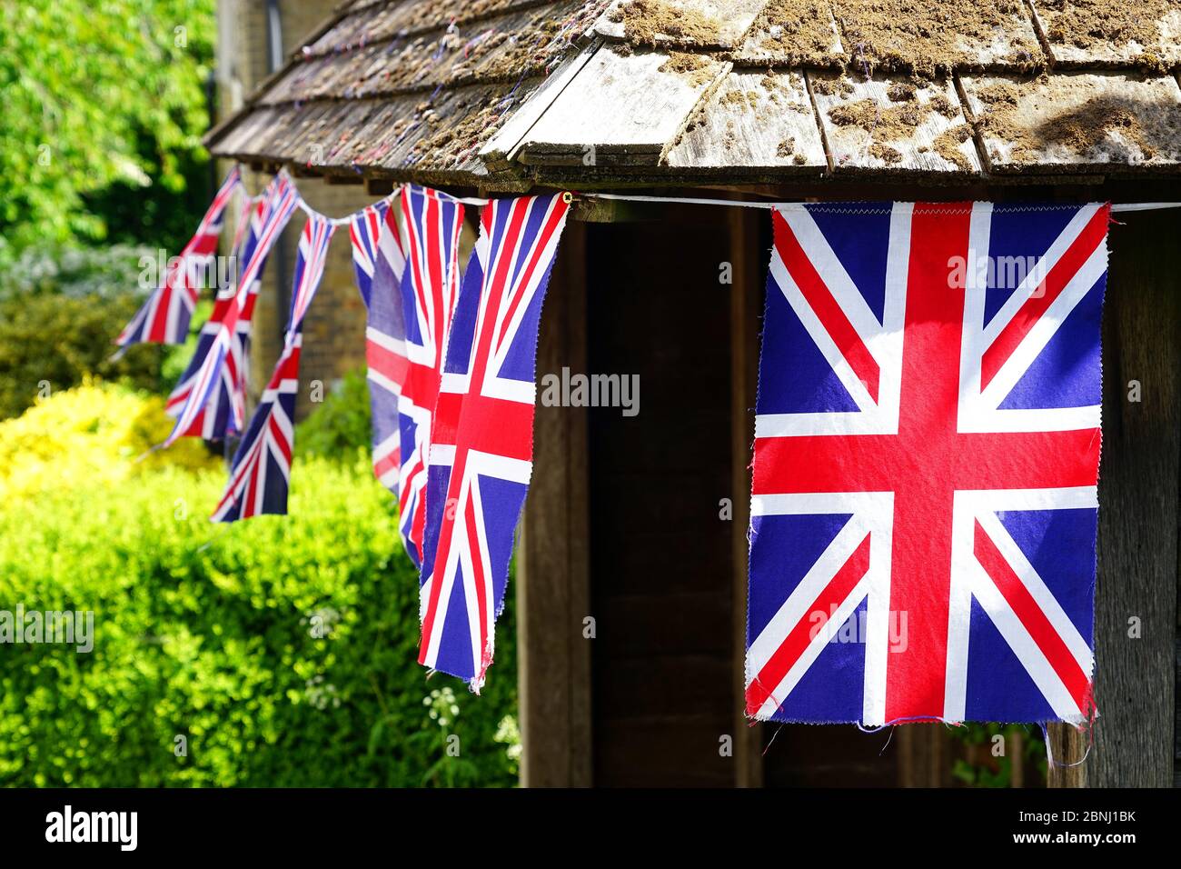 Union Jack bunting in celebration of the 75th anniversary of VE day at ...