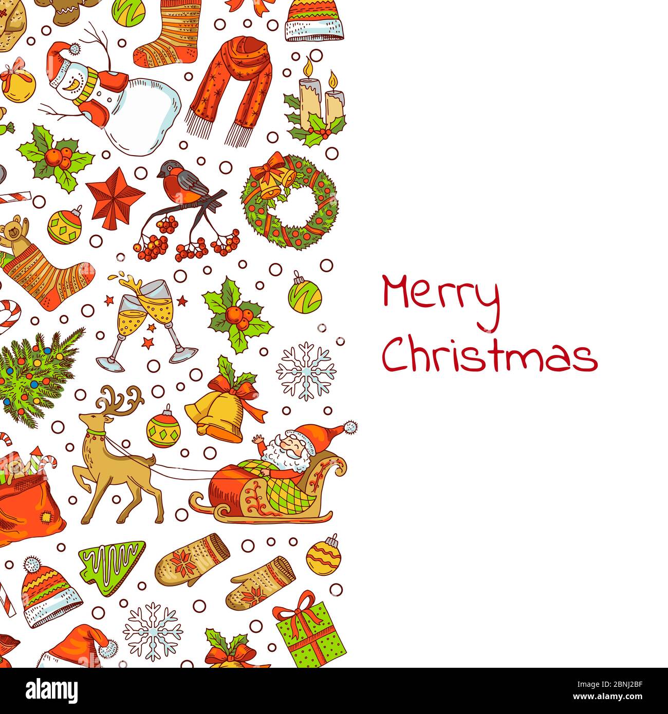 Vector hand drawn colored christmas elements with santa, xmas tree ...