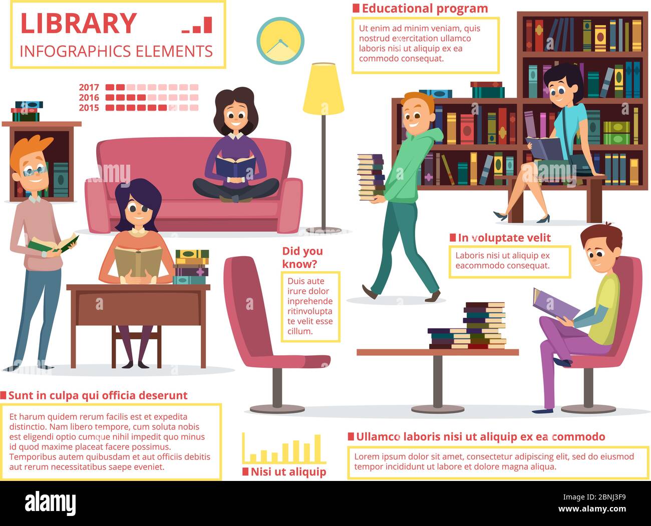 People reading books in library. Infographic design template with place ...