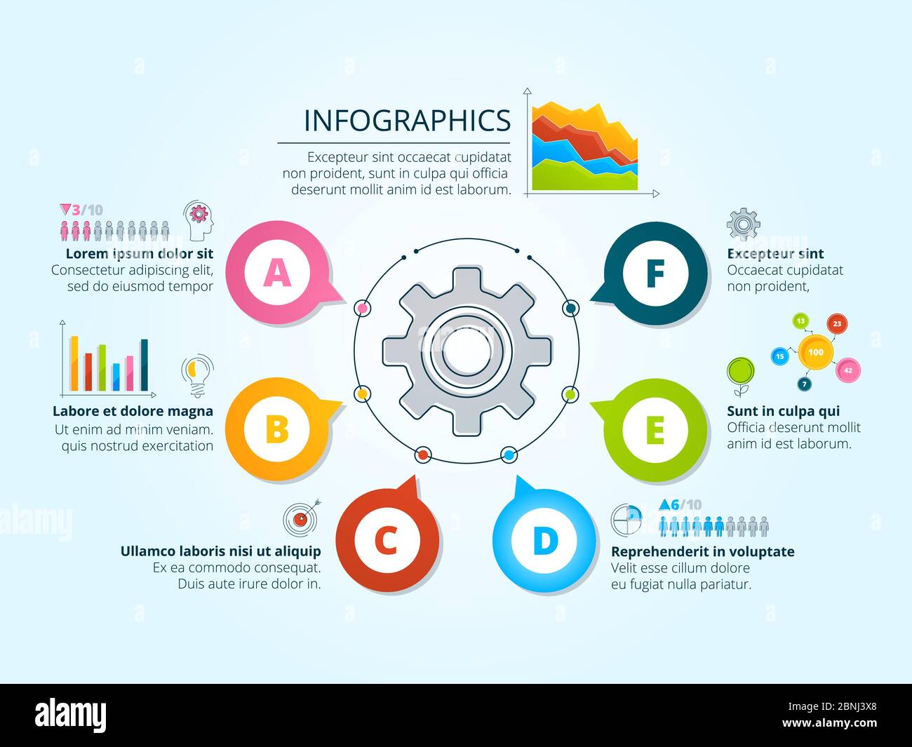 Modern business infographics with radial shapes. Template with graphs ...