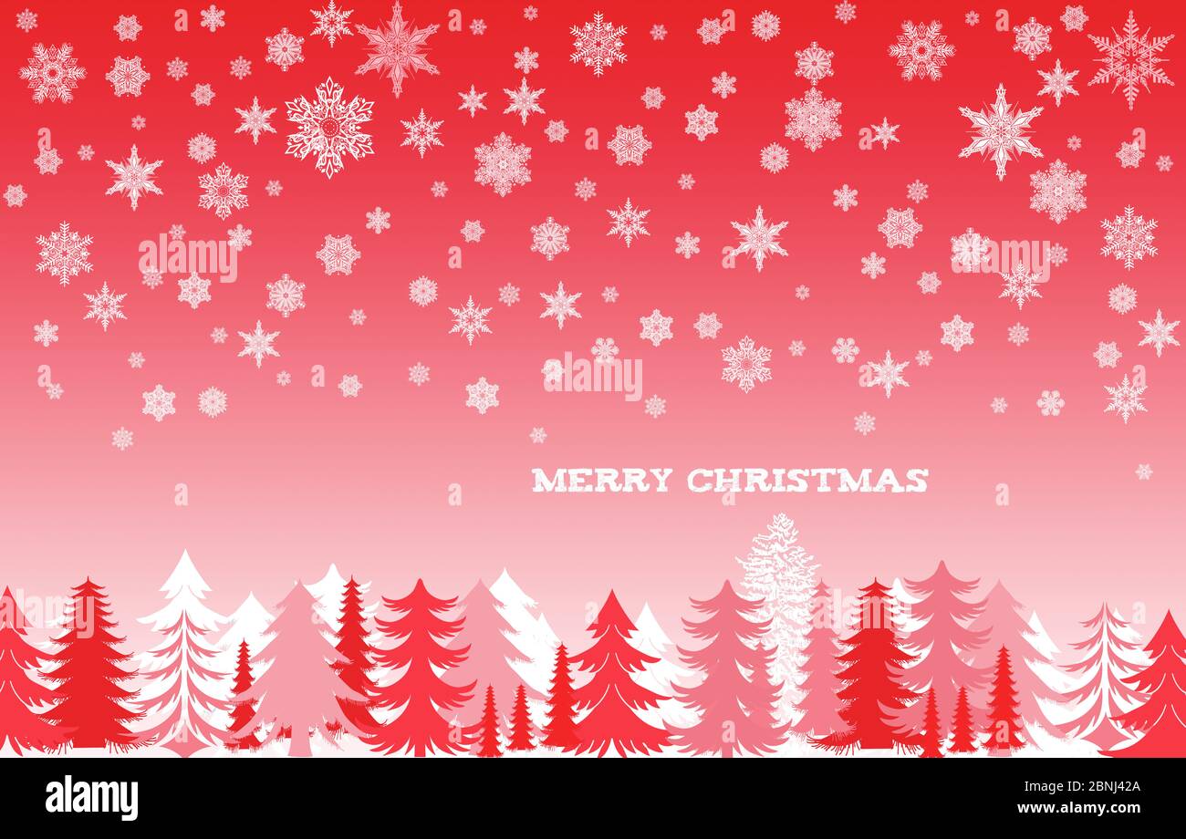 Merry christmas in red with snow flakes and trees Stock Photo - Alamy