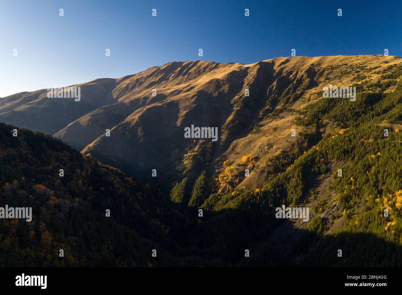 Caucasus, Georgia, Tusheti region, Shenako. Aerial view of the village ...