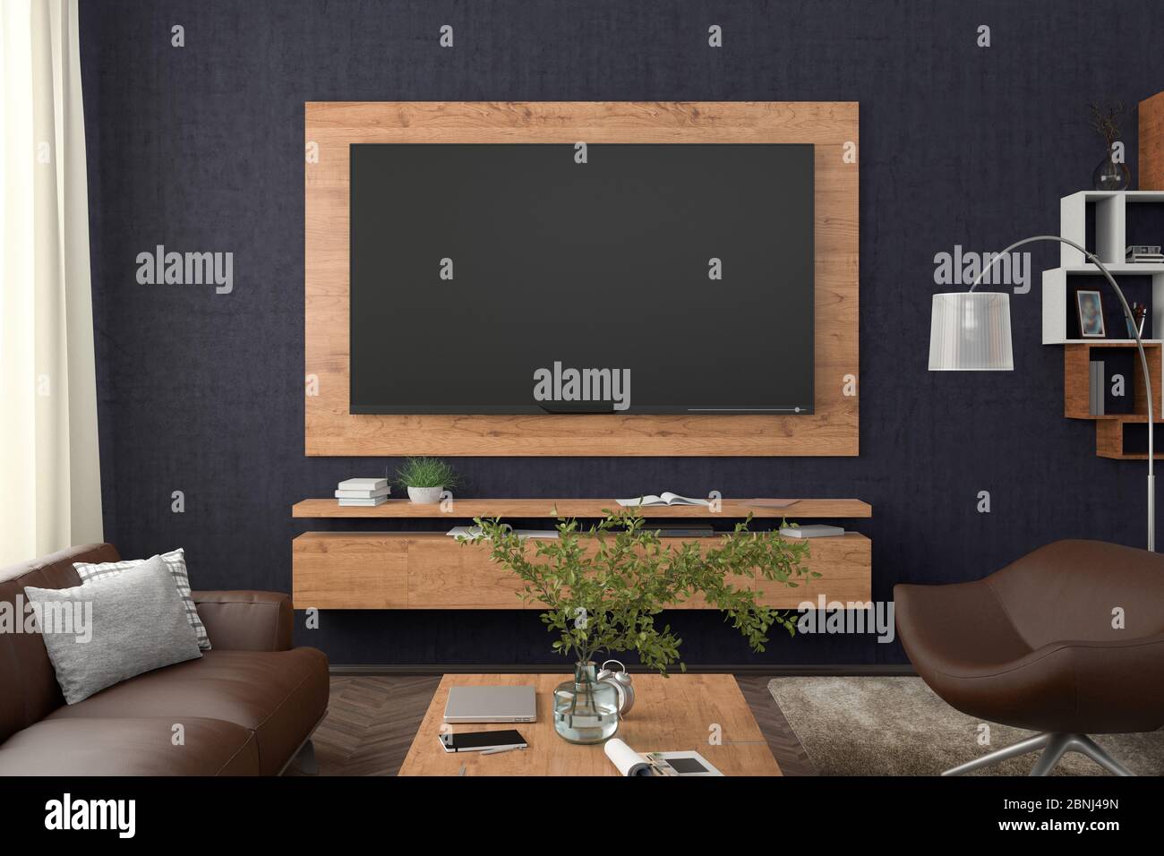 TV screen on the blue concrete wall with wooden plate above the cabinet ...
