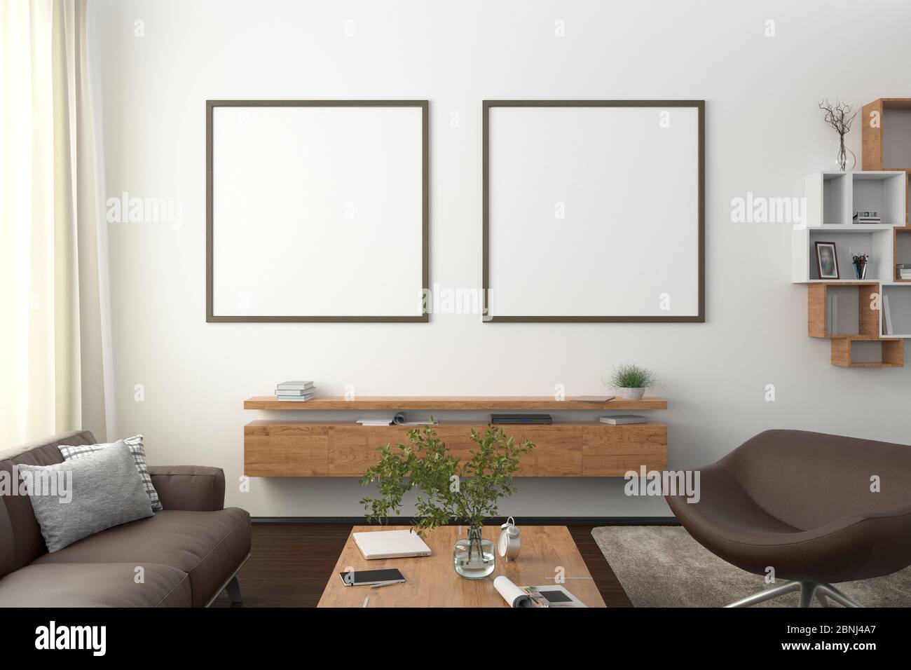Two square blank posters on white wall in interior of modern living ...