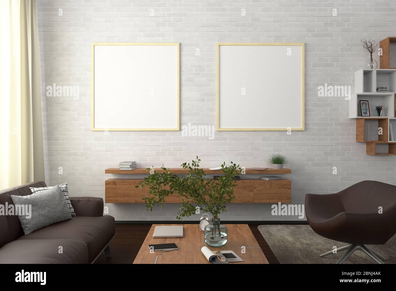 Two square blank posters on white brick wall in interior of modern ...