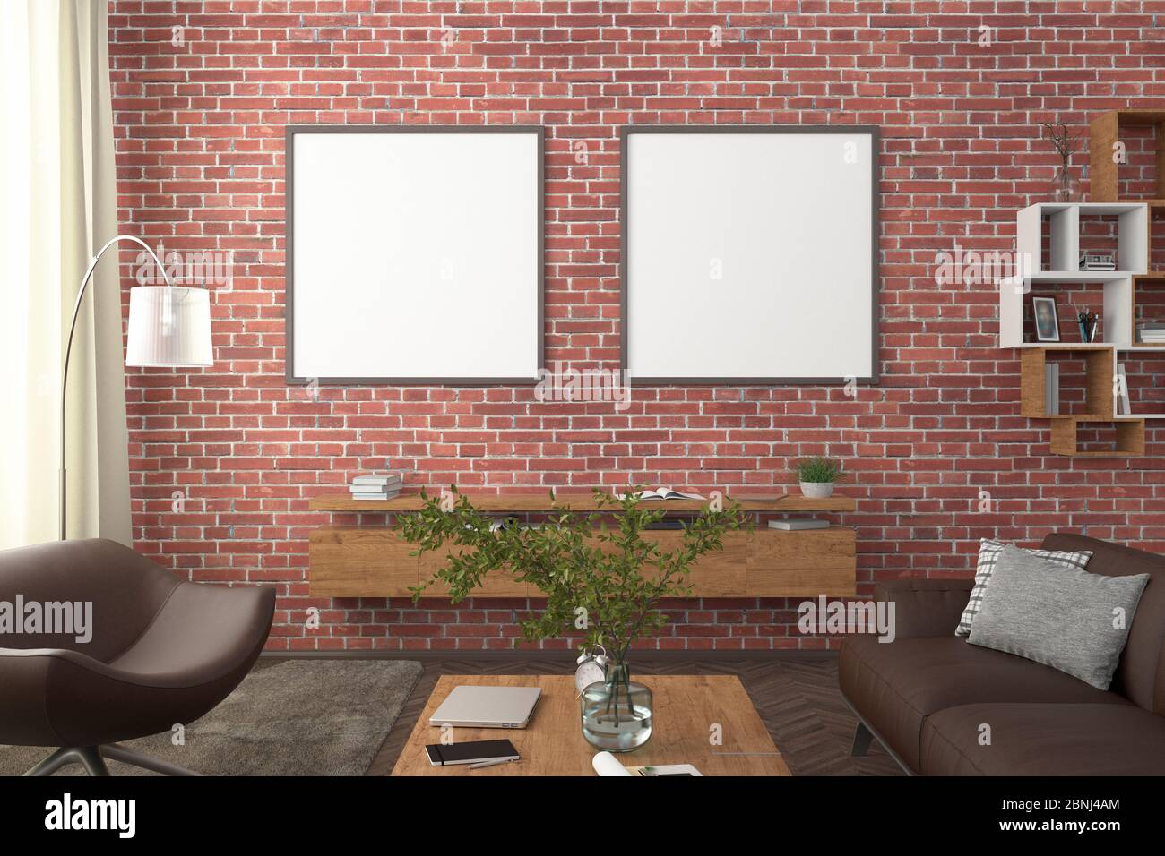 Two square blank posters on red brick wall in interior of modern living ...