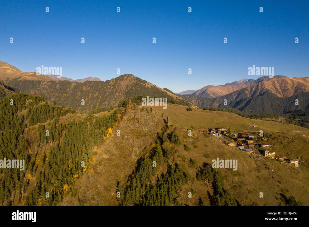 Caucasus, Georgia, Tusheti region, Shenako. Aerial view of the village ...