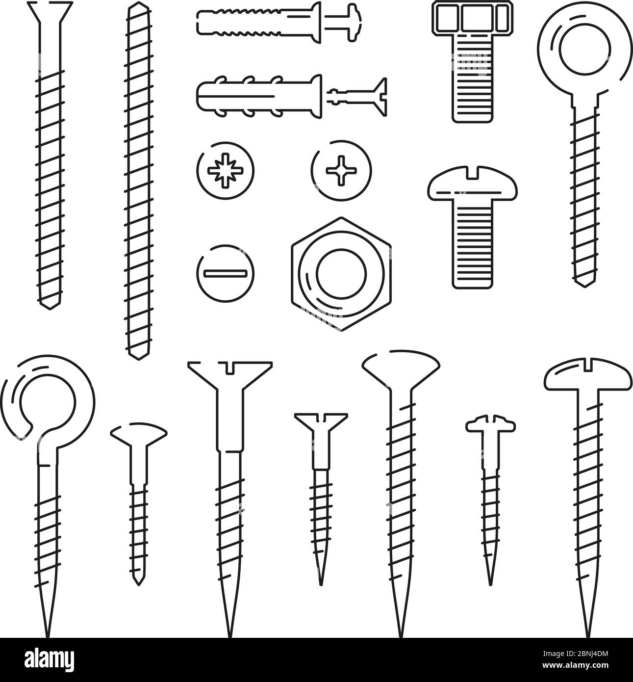 Monoline pictures of bolts, nuts, nails and screws. Vector ...