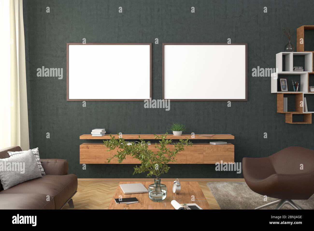 Two horizontal blank posters on blue wall in interior of modern living ...