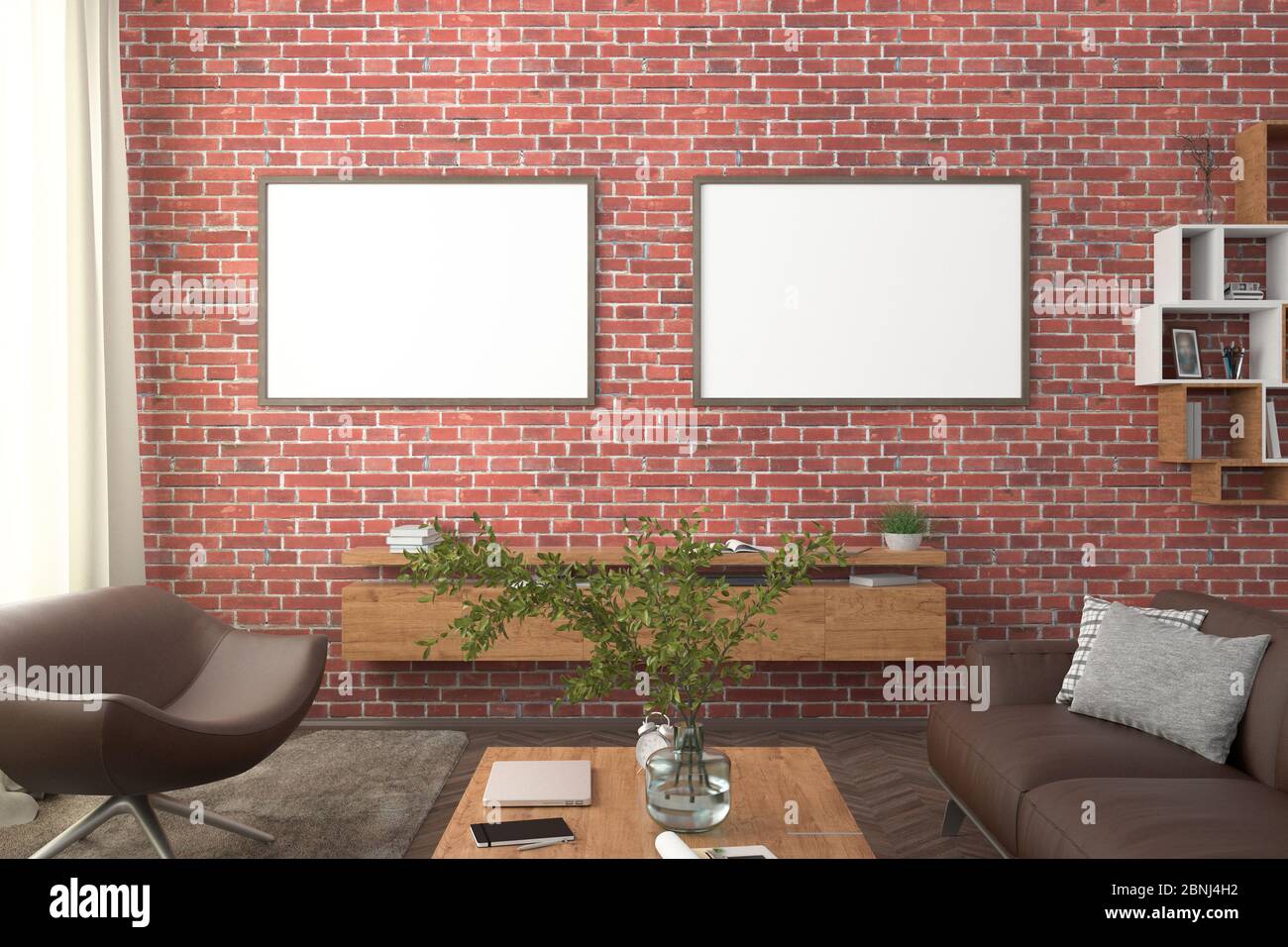 Two horizontal blank posters on red brick wall in interior of modern ...