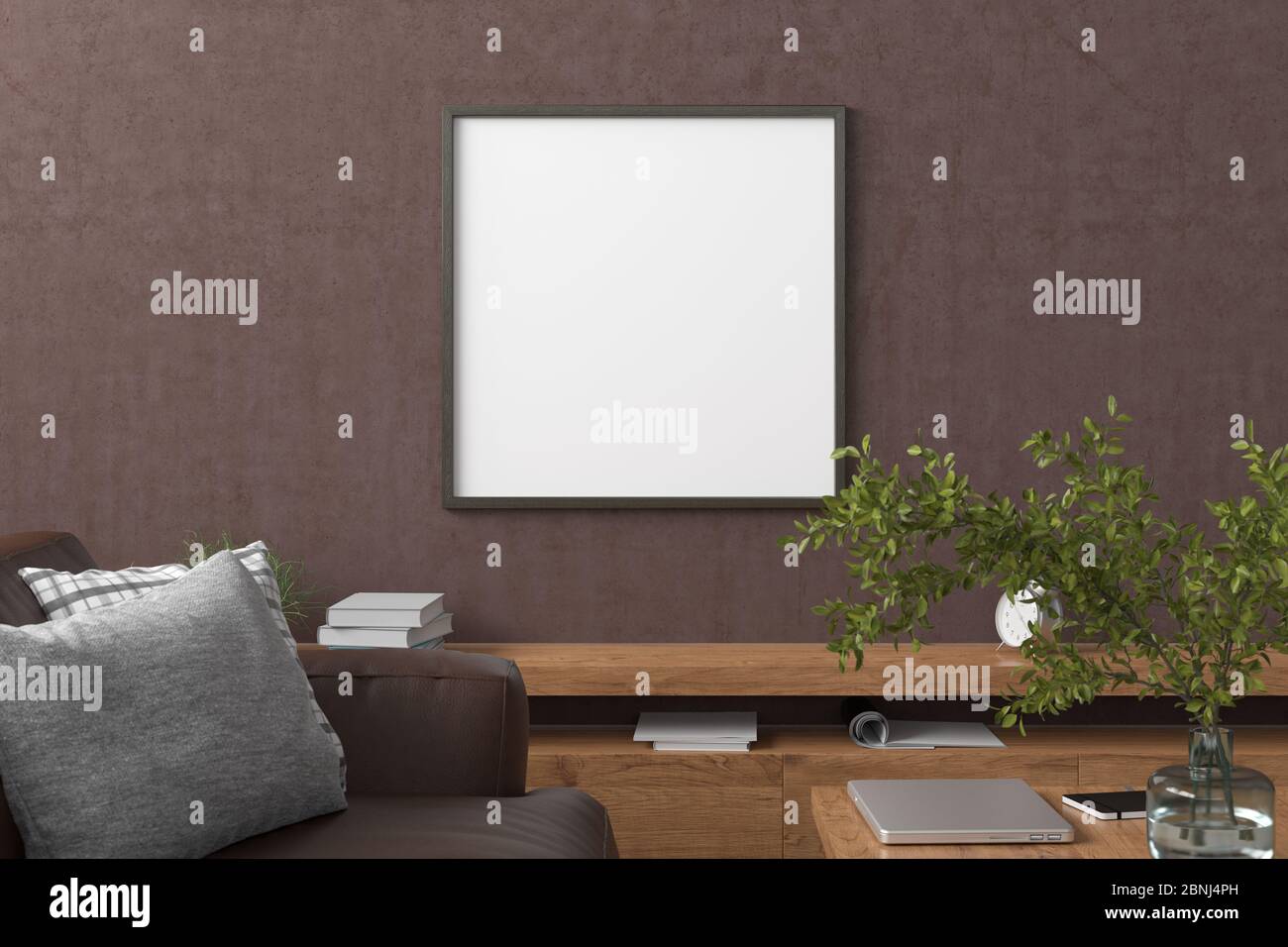 Square blank poster on brown concrete wall in interior of modern living ...