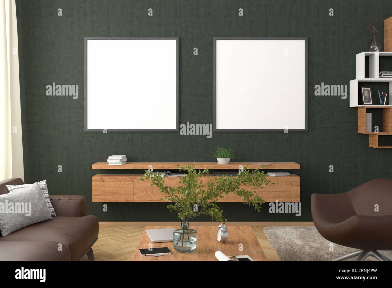 Two square blank posters on green concrete wall in interior of modern ...