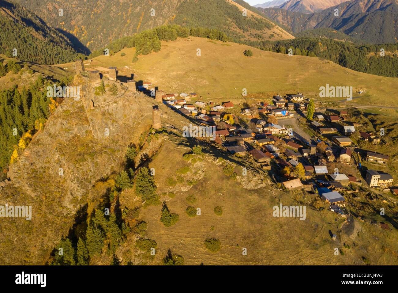Caucasus, Georgia, Tusheti region, Shenako. Aerial view of the village ...