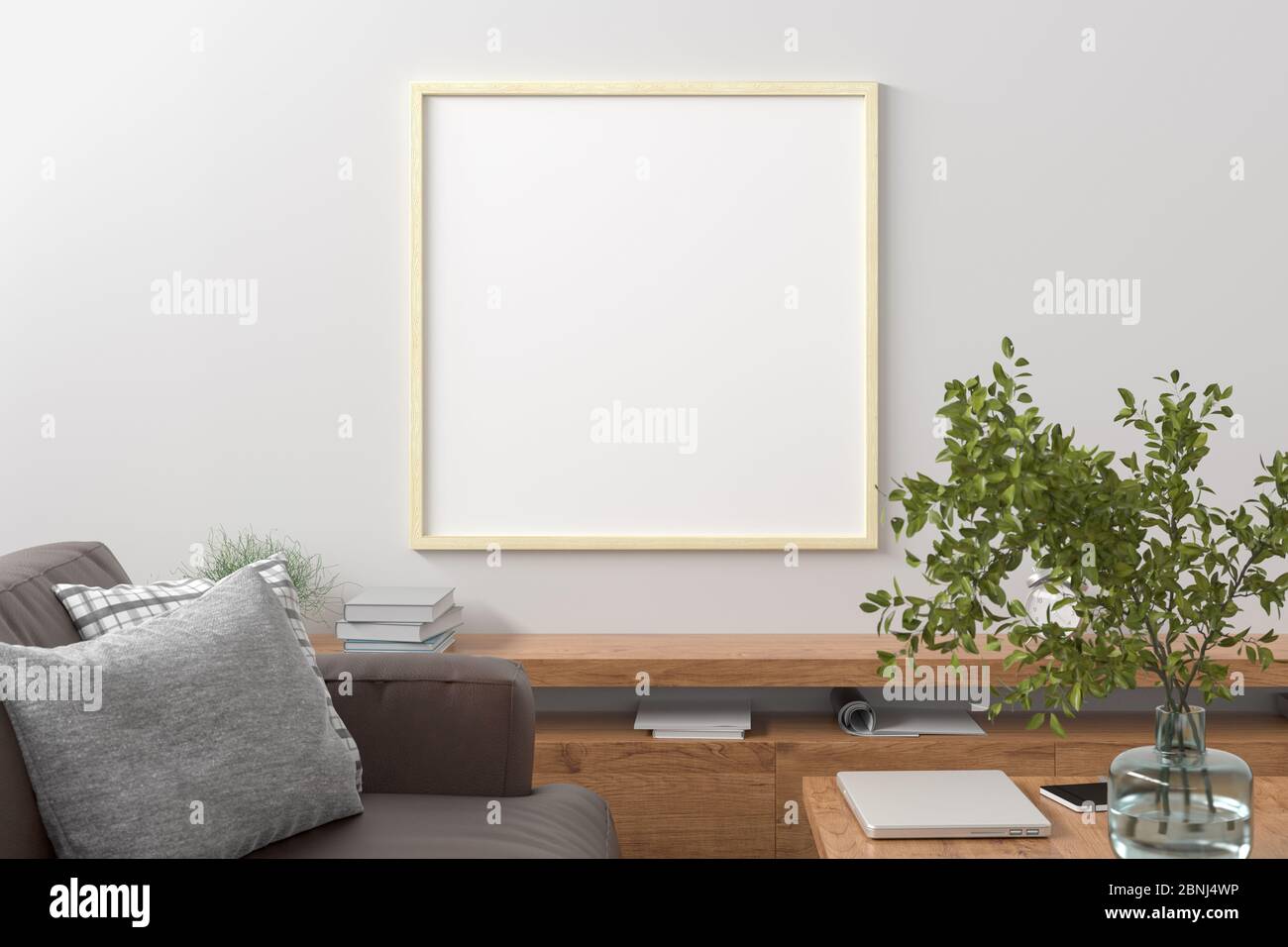 Square blank poster on white wall in interior of modern living room ...