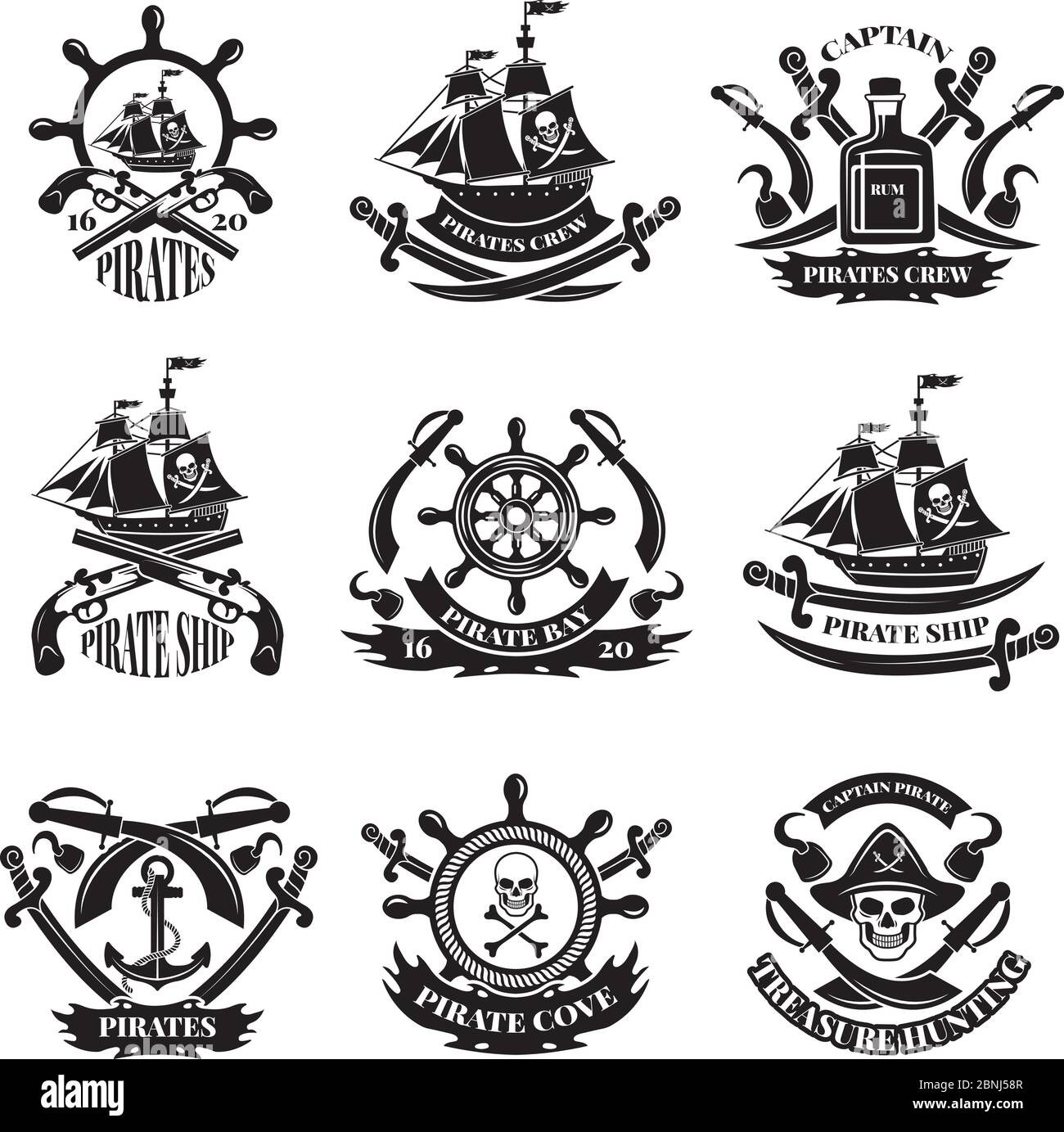 Pirate skull, corsair ships, symbols of piracy. Monochrome labels set ...