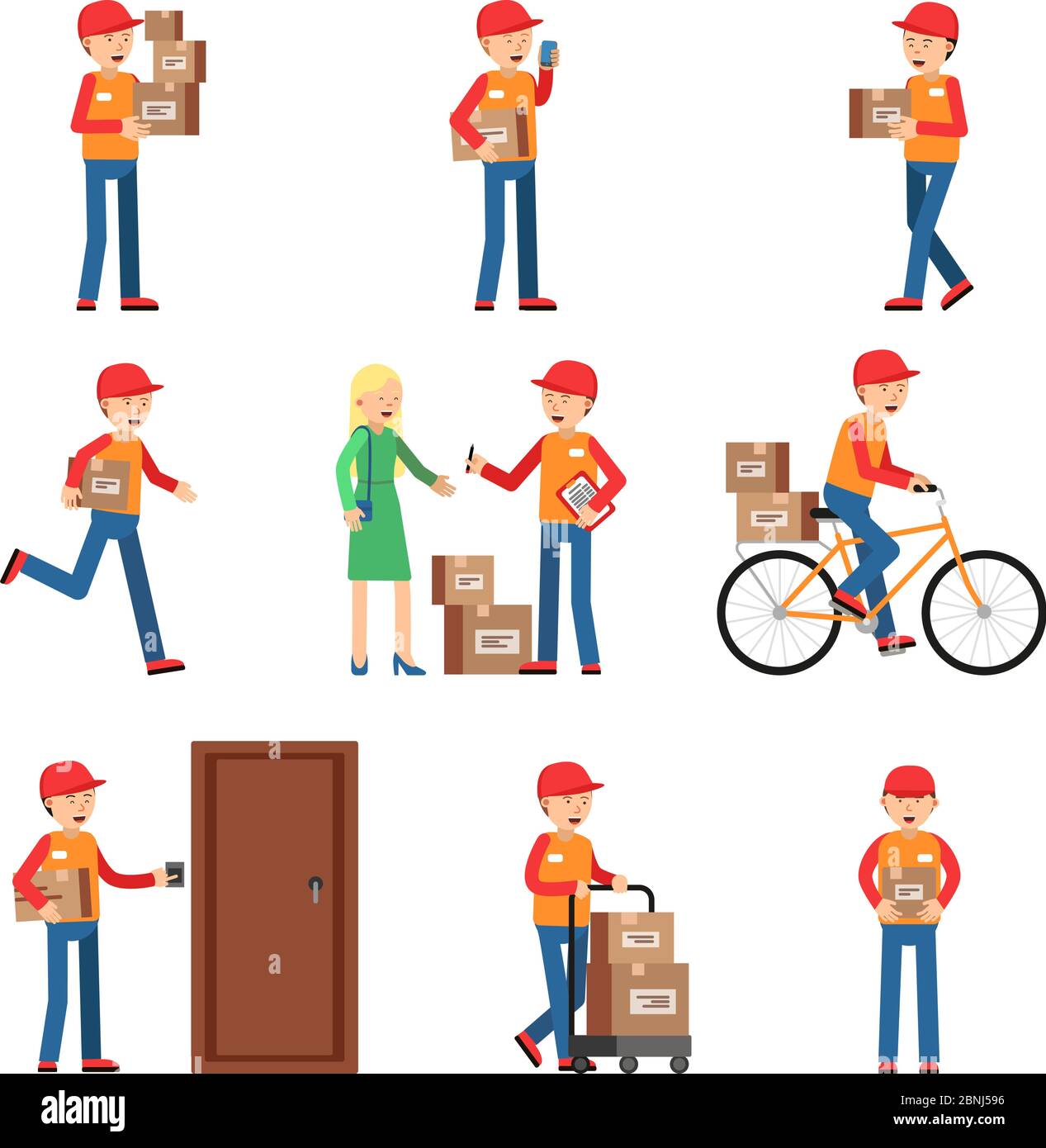 Delivery worker in different action poses. Man holding box or package ...