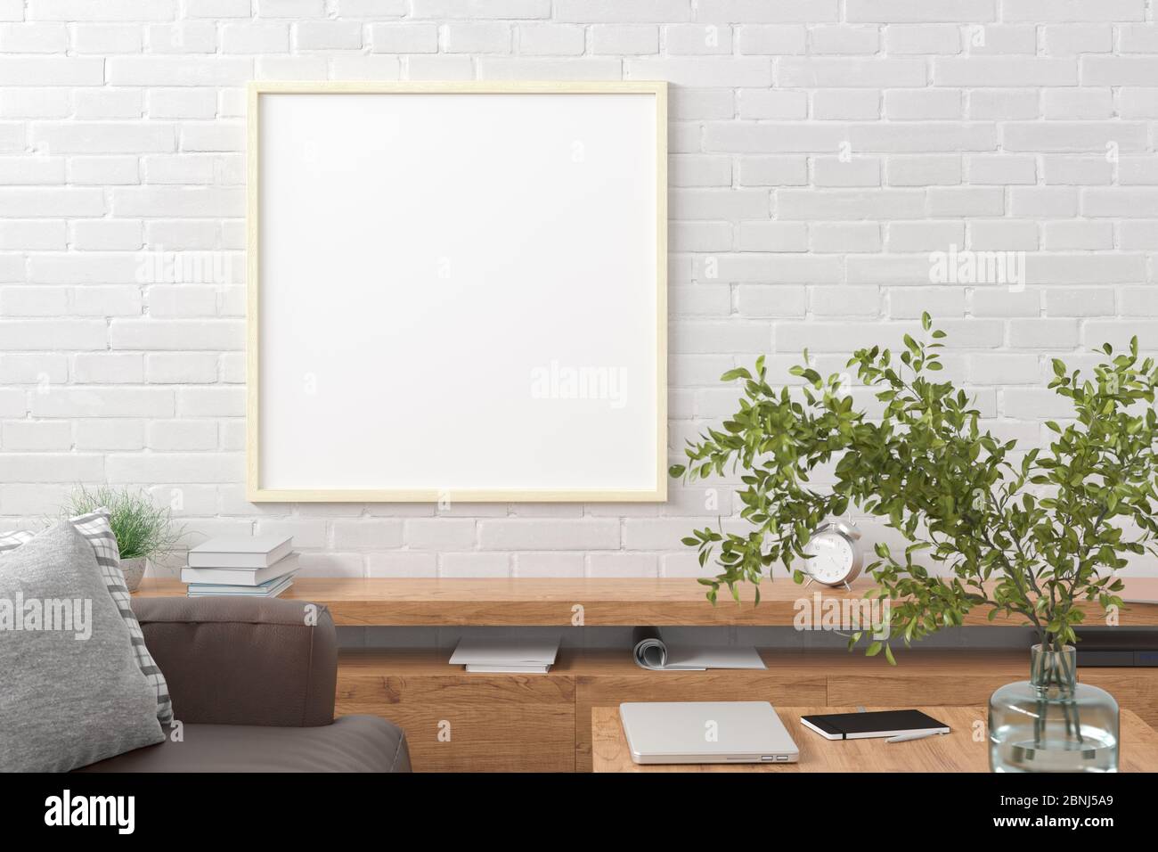 Square blank poster on white brick wall in interior of modern living ...