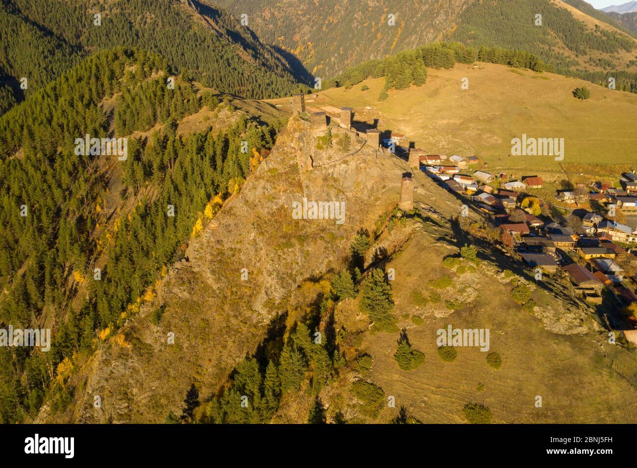 Caucasus, Georgia, Tusheti region, Shenako. Aerial view of the village ...