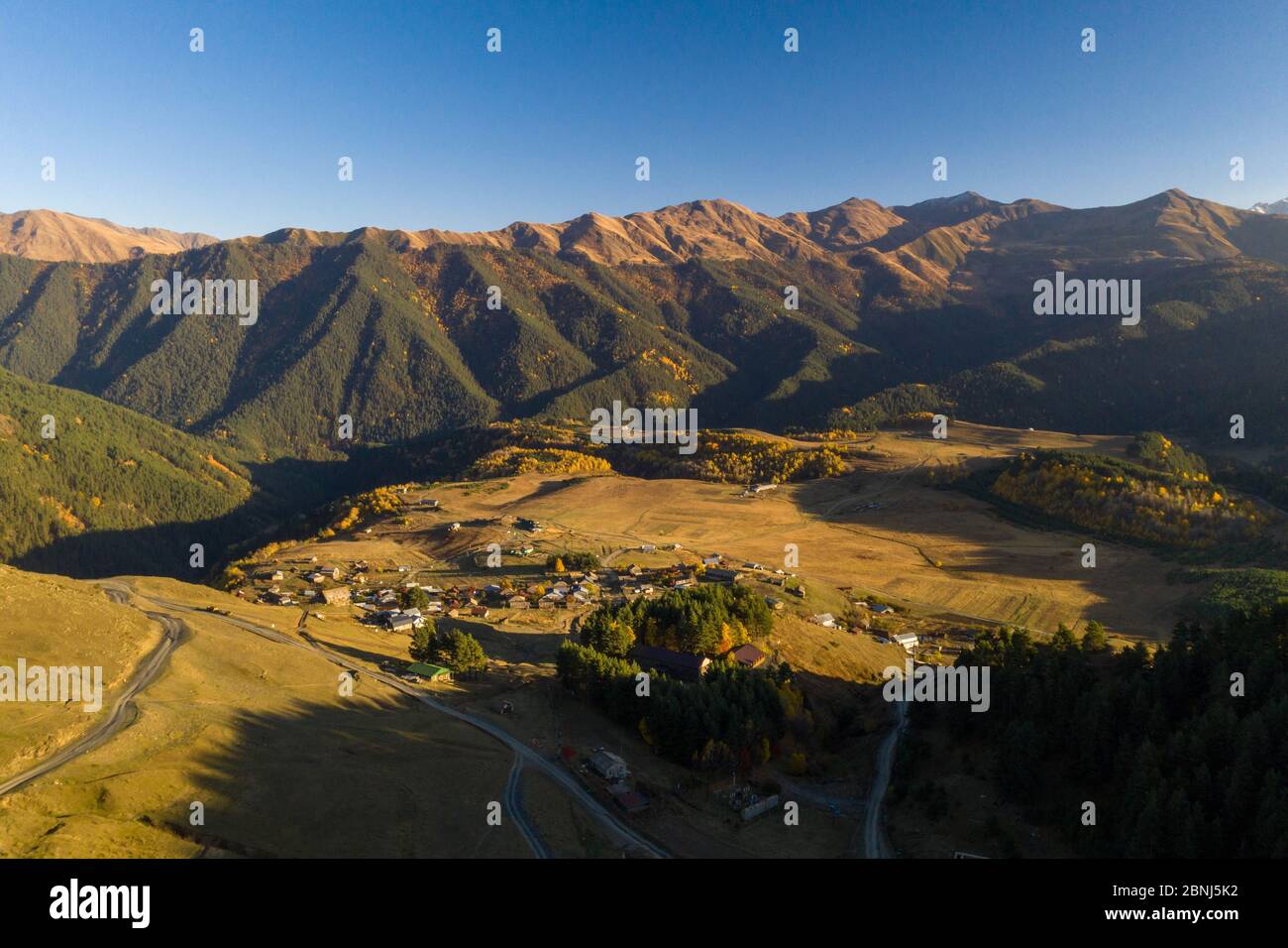 Caucasus, Georgia, Tusheti region, Shenako. Aerial view of the village ...