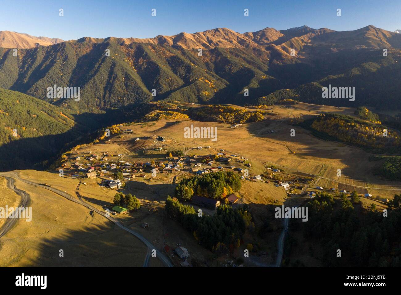 Caucasus, Georgia, Tusheti region, Shenako. Aerial view of the village ...