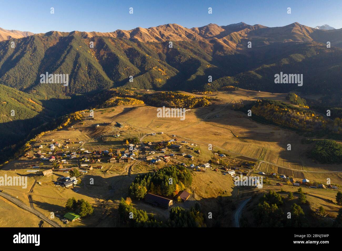 Caucasus, Georgia, Tusheti region, Shenako. Aerial view of the village ...