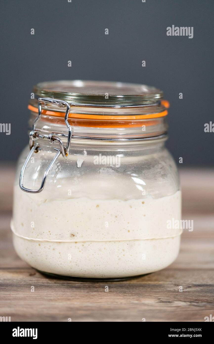 Feeding sourdough starter in a glass mason jar for baking artisan bread ...