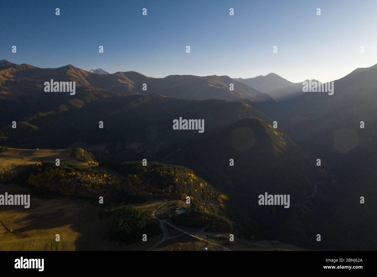 Caucasus, Georgia, Tusheti region, Shenako. Aerial view of the village ...