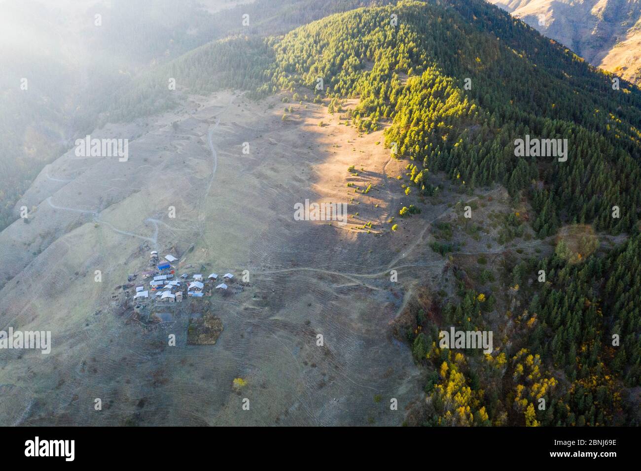 Caucasus, Georgia, Tusheti region, Shenako. Aerial view of the village ...