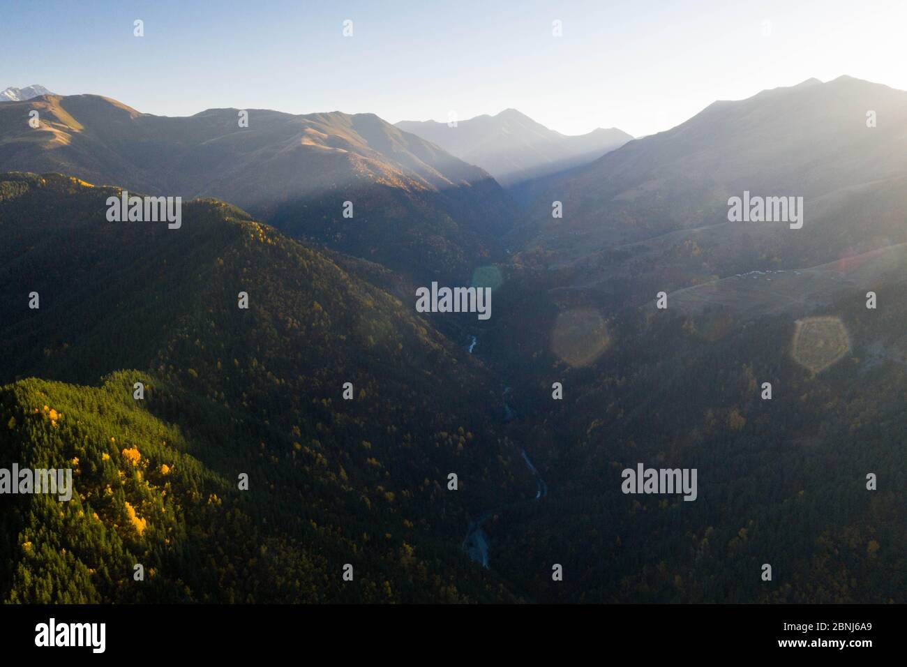 Caucasus, Georgia, Tusheti region, Shenako. Aerial view of the village ...