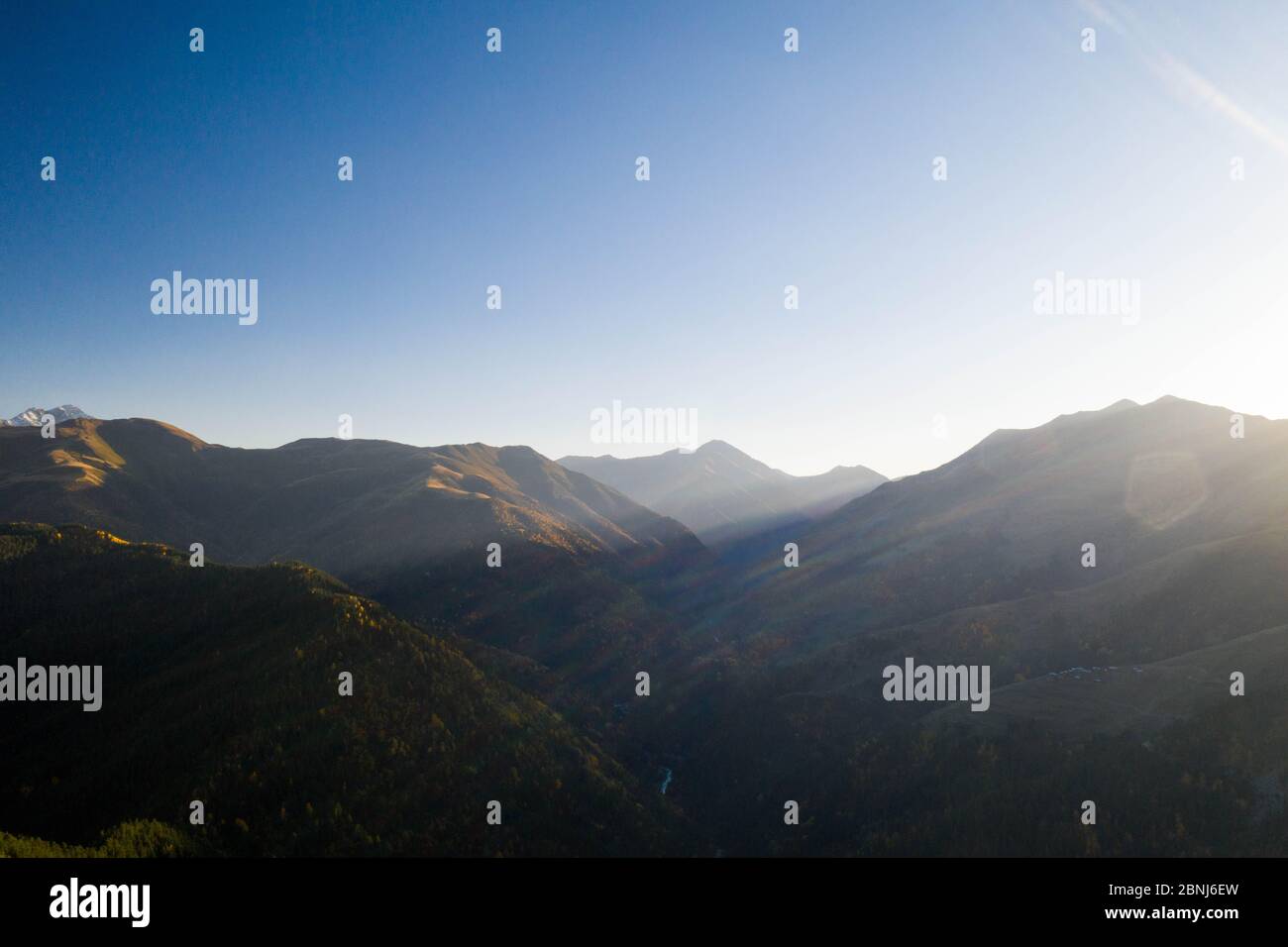 Caucasus, Georgia, Tusheti region, Shenako. Aerial view of the village ...