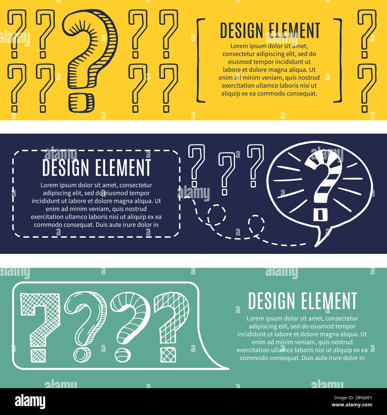 Horizontal banners with concept pictures of question marks and places ...