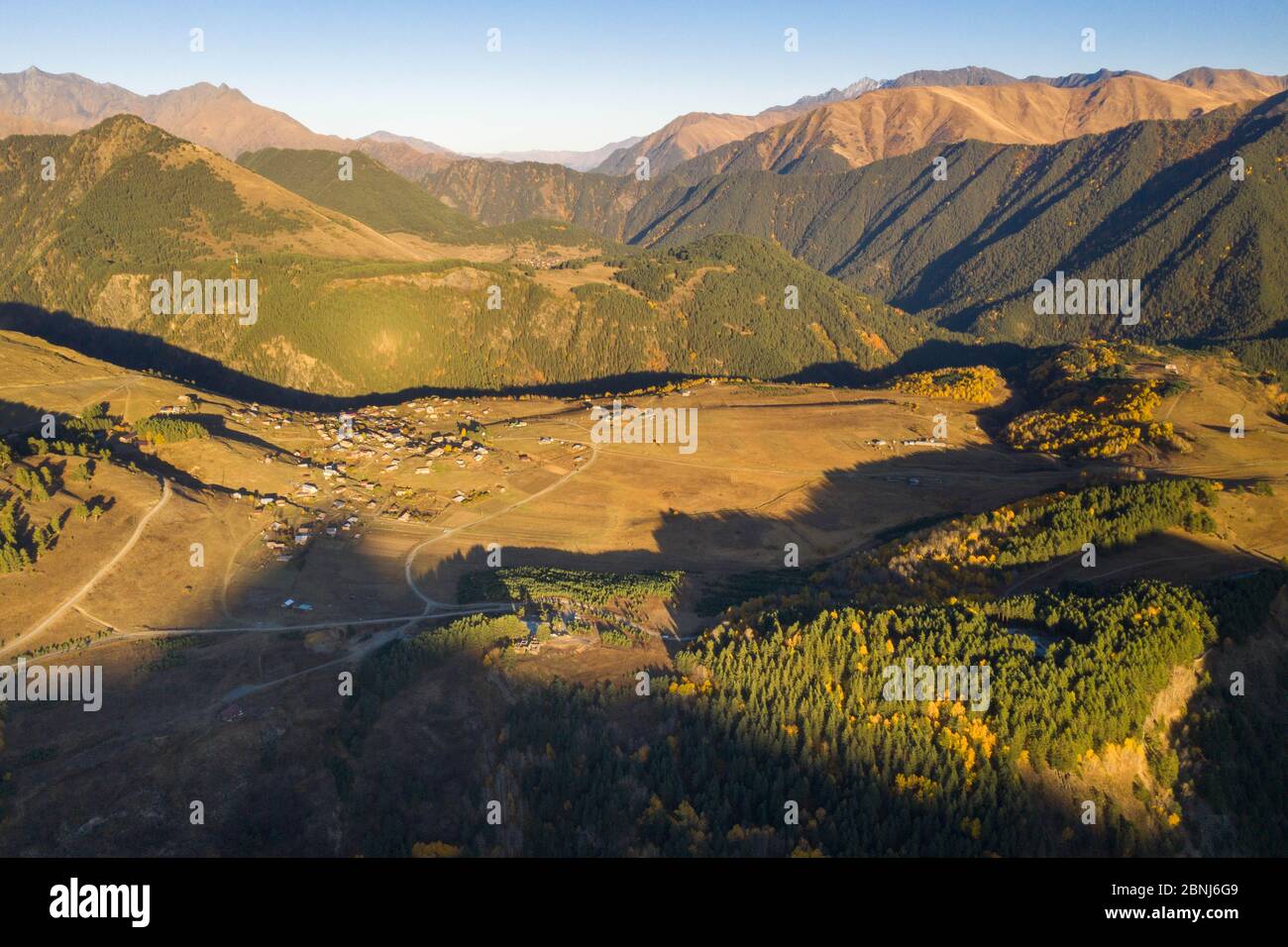 Caucasus, Georgia, Tusheti region, Shenako. Aerial view of the village ...