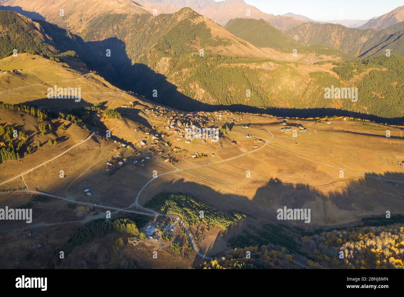 Caucasus, Georgia, Tusheti region, Shenako. Aerial view of the village ...