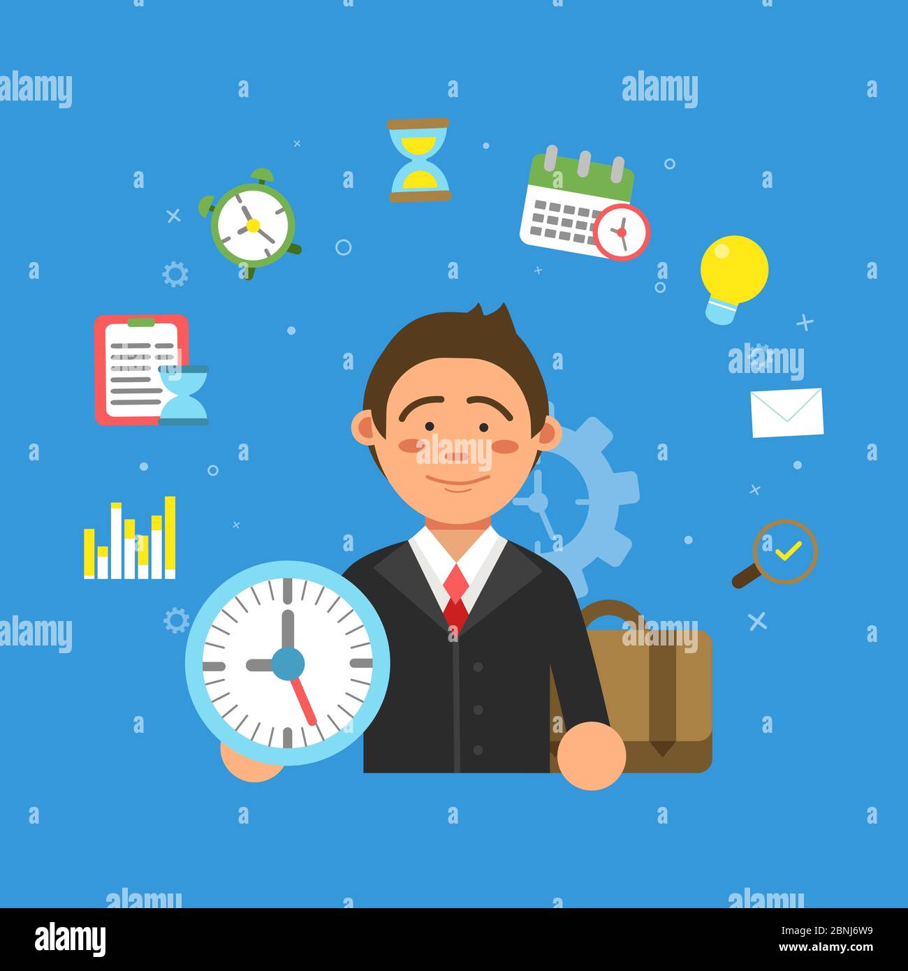 Businessman and different symbols of productivity and time management ...