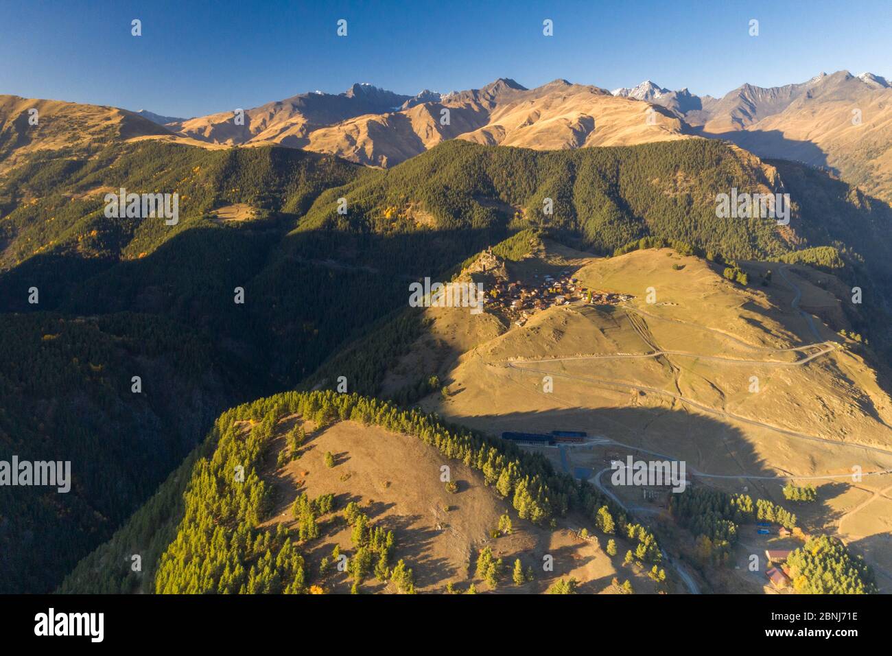 Caucasus, Georgia, Tusheti region, Shenako. Aerial view of the village ...
