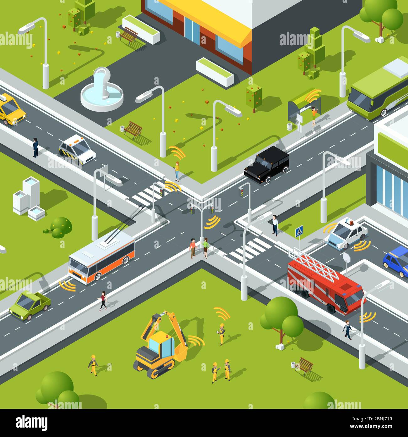 Wireless connection inside urban traffic. Illustration of crossroad in ...