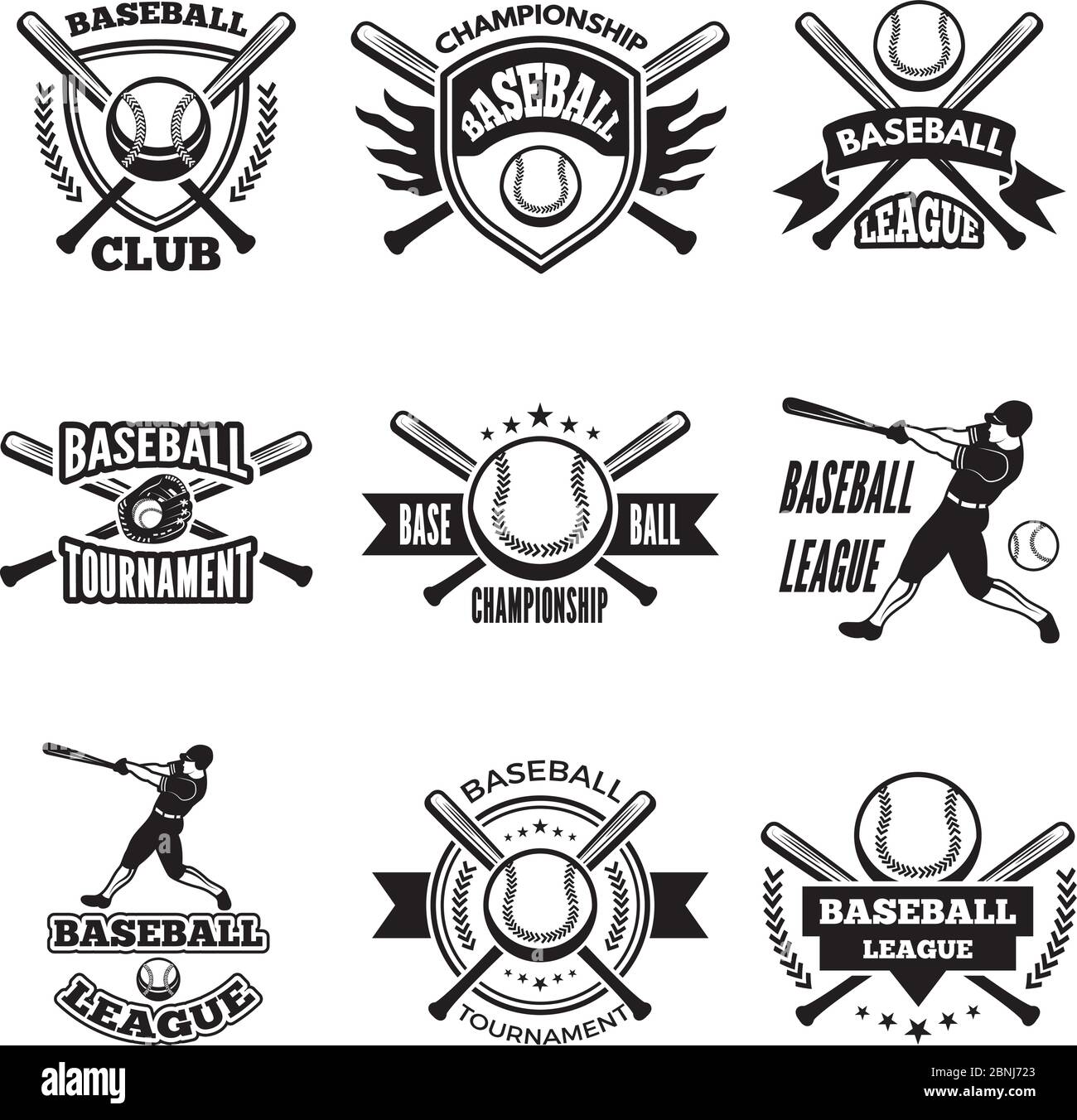 Monochrome labels or emblem for baseball club. Vector badges isolate on ...