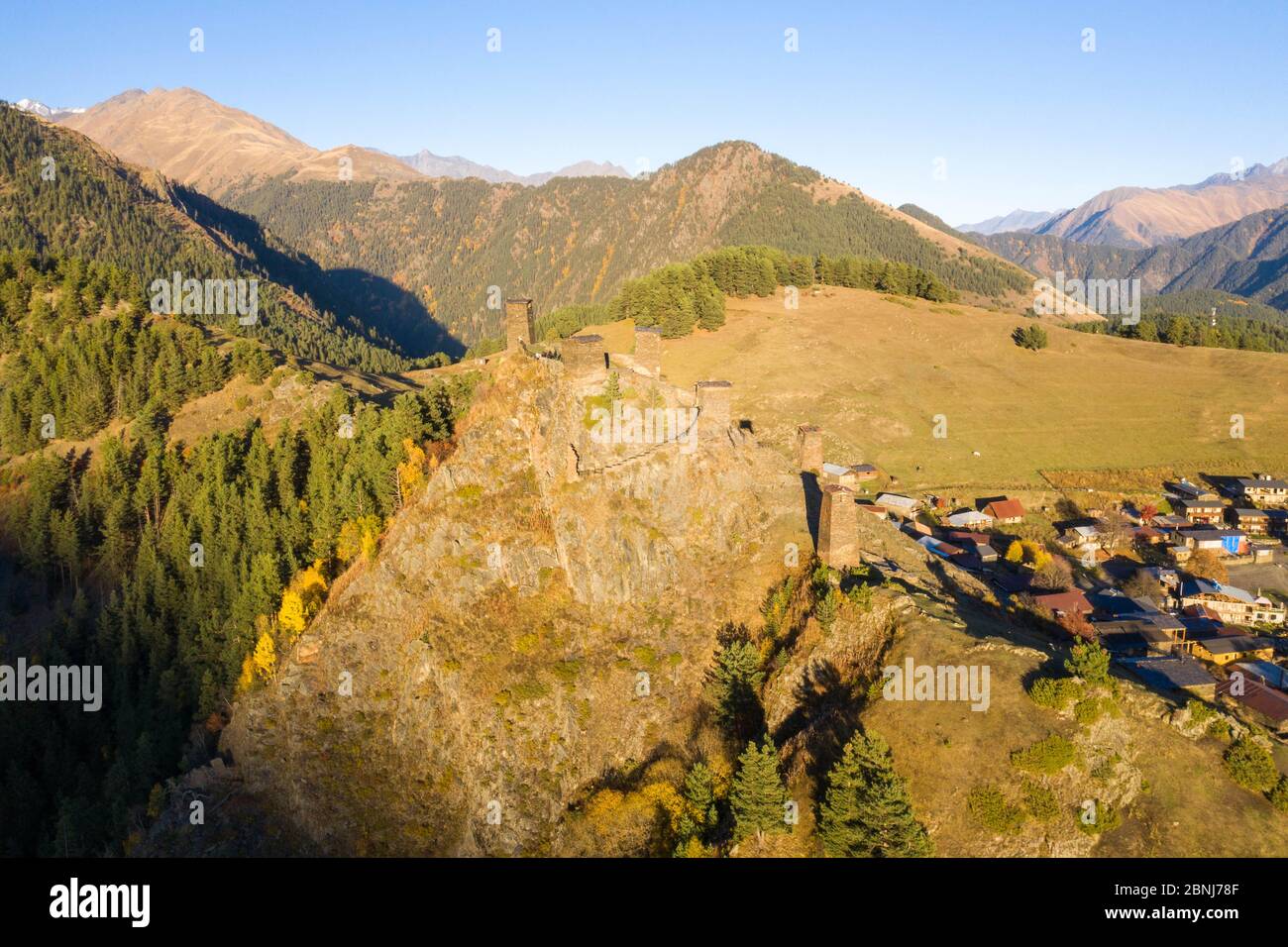 Caucasus, Georgia, Tusheti region, Shenako. Aerial view of the village ...