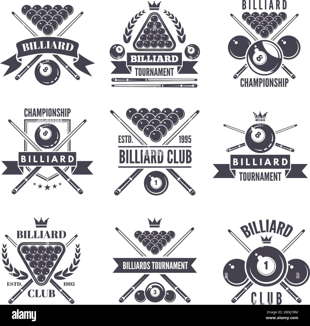 Monochrome labels or logos for billiard club. Vector illustrations of ...
